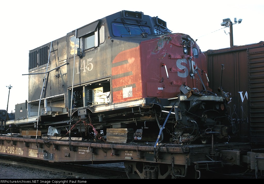 SP 145 cab and inverter room salvaged after being wrecked. Unit is at Burnham Shops